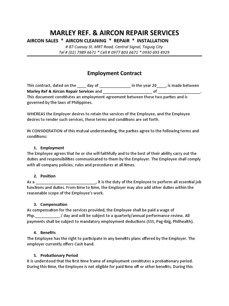 Marley Ref. & Aircon Repair Services: Employment Contract | Download ...