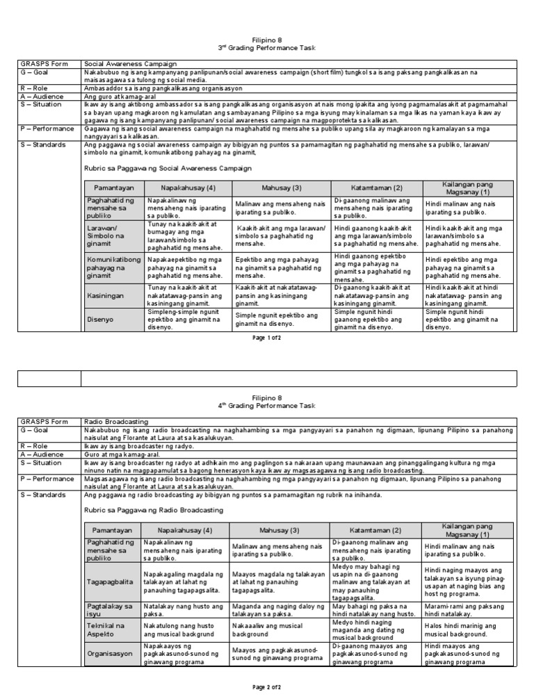 Performance Tasks - Filipino 8 - 1st Grading 3 Final | PDF
