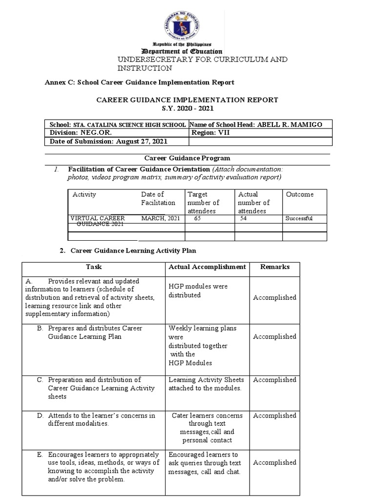 Accomplishment Report in Career Guidance | PDF | Learning | Curriculum