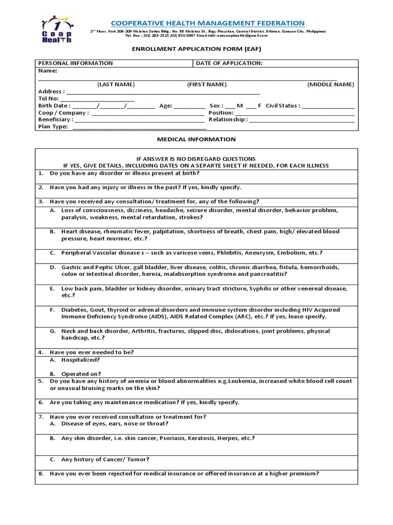 Cooperative Health Management Federation: Enrollment Application Form ...