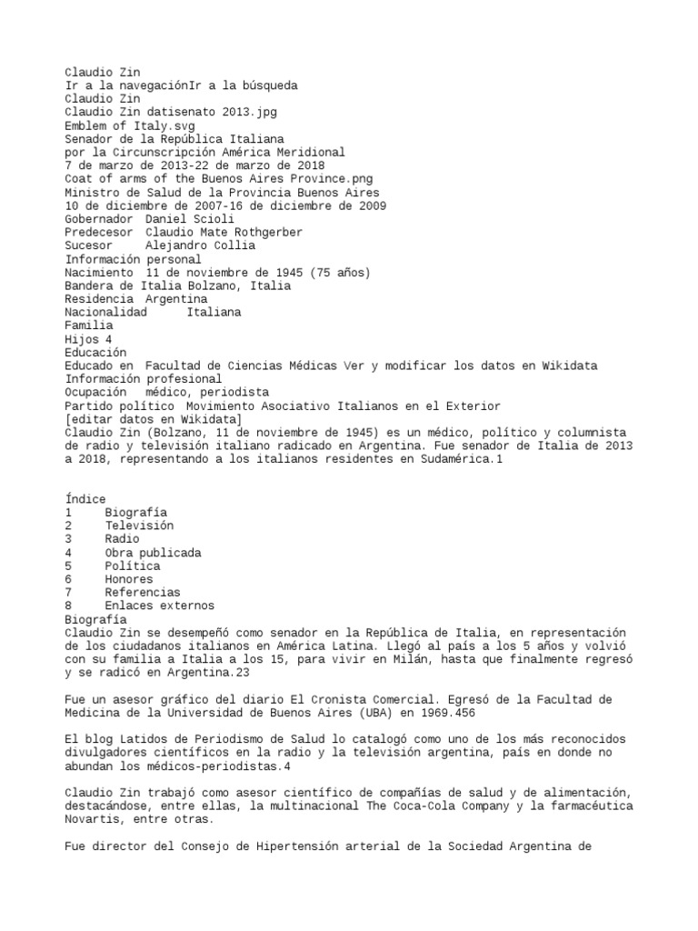 Claudio Zin: Médico y Político Italiano | PDF | Argentina