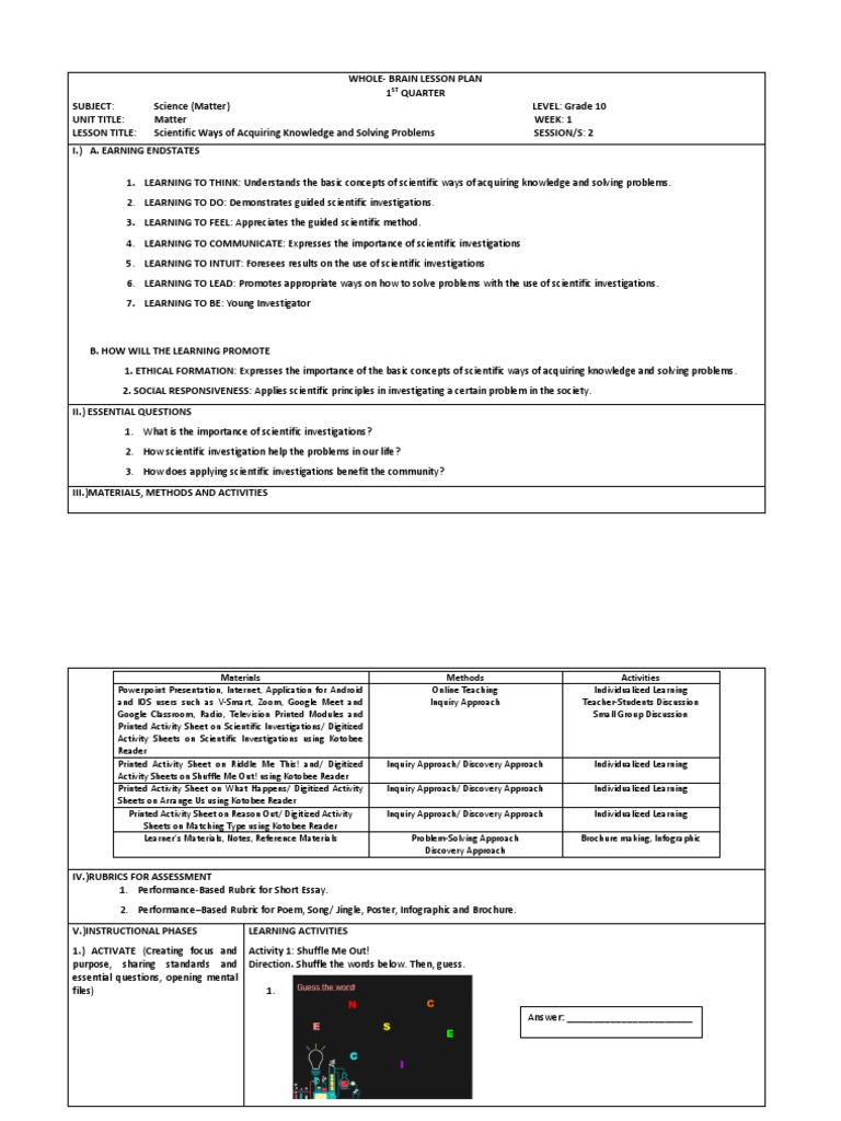 Grade 10 Science Lesson Plan: Matter | PDF | Scientific Method | Learning