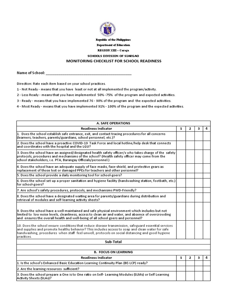 Monitoring Checklist For School Readiness | PDF | Learning | Second ...