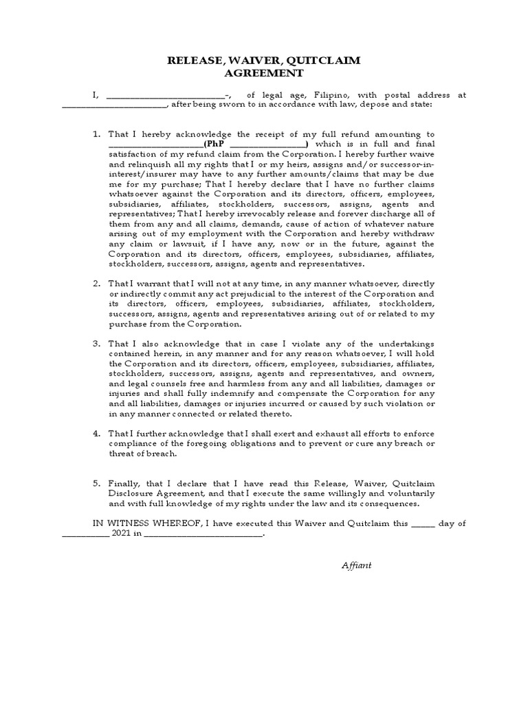 Employee Release and Quitclaim Sample | PDF | Indemnity | Common Law