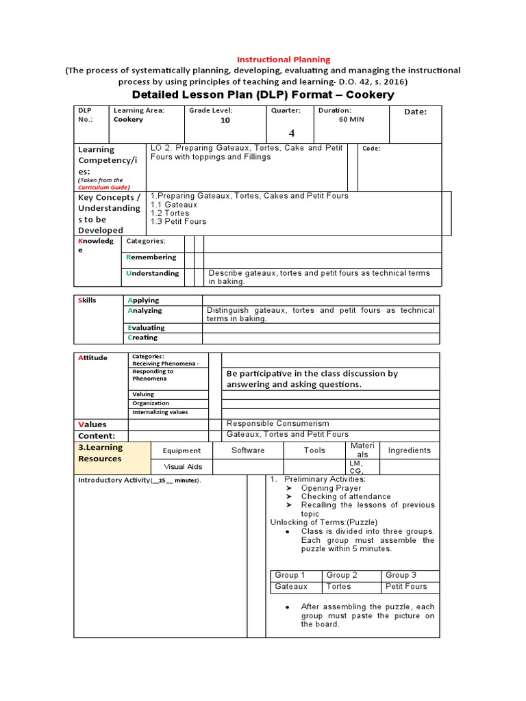 Detailed Lesson Plan (DLP) Format - Cookery: Instructional Planning ...