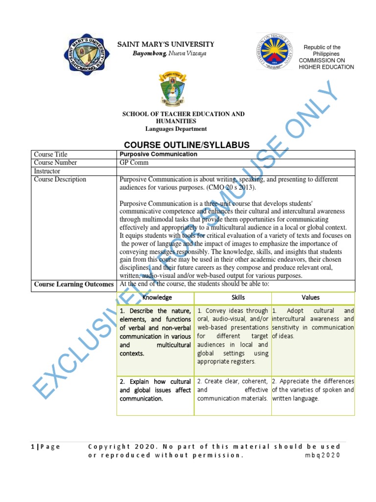 Course Outline Purposive Communication 2021 | PDF | Communication ...