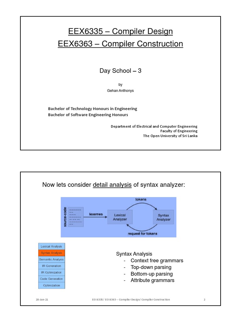 EEX6335 - Compiler Design EEX6363 - Compiler Construction | PDF | Parsing | Implementation
