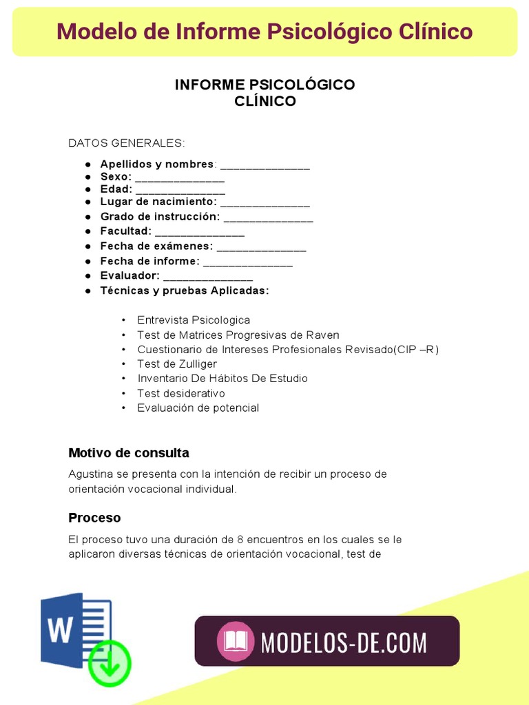 Modelo de Informe Psicológico Clínico | PDF | Sicología | Cociente de inteligencia