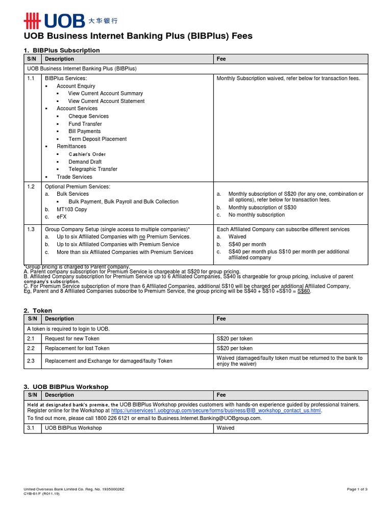 UOB BIBPlus Fees Guide | PDF | Transaction Account | Cheque