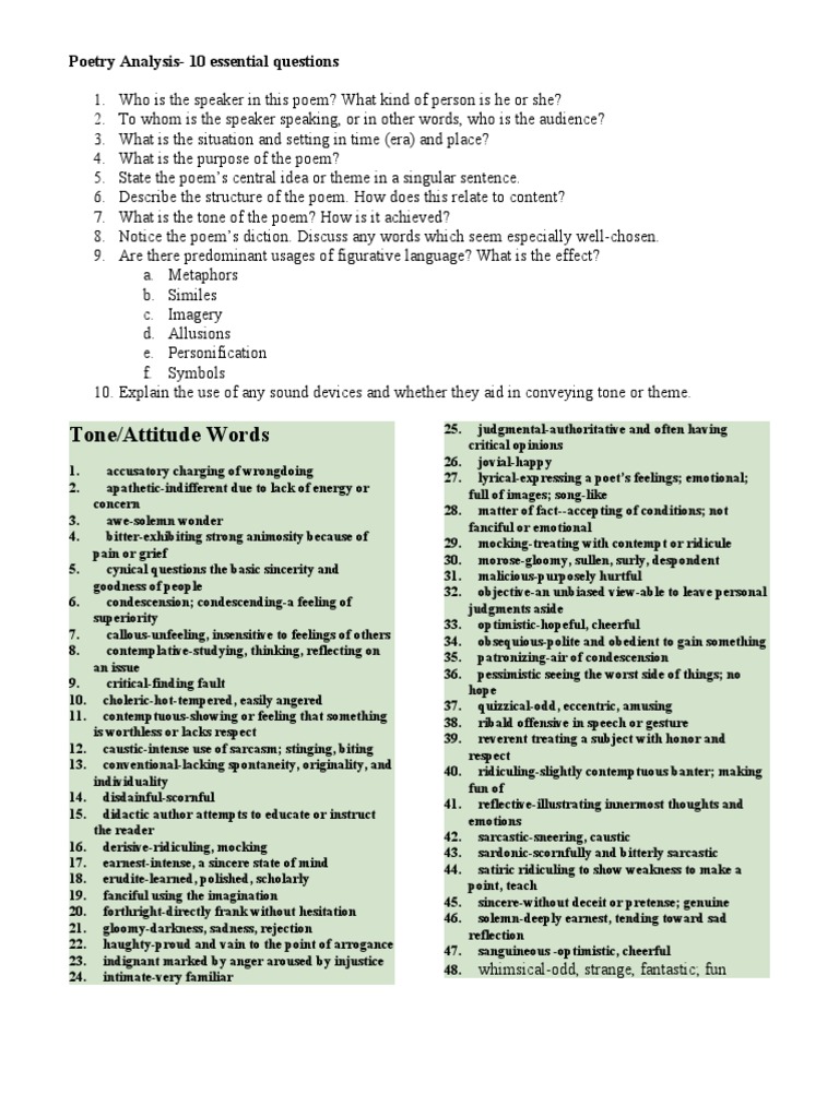 Poetry Analysis 10 Questions | PDF | Poetry