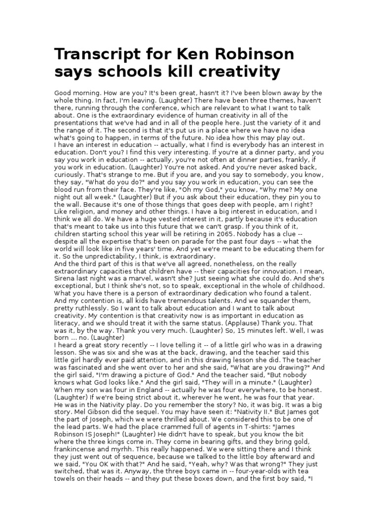 Transcript For Ken Robinson Says Schools Kill Creativity | PDF