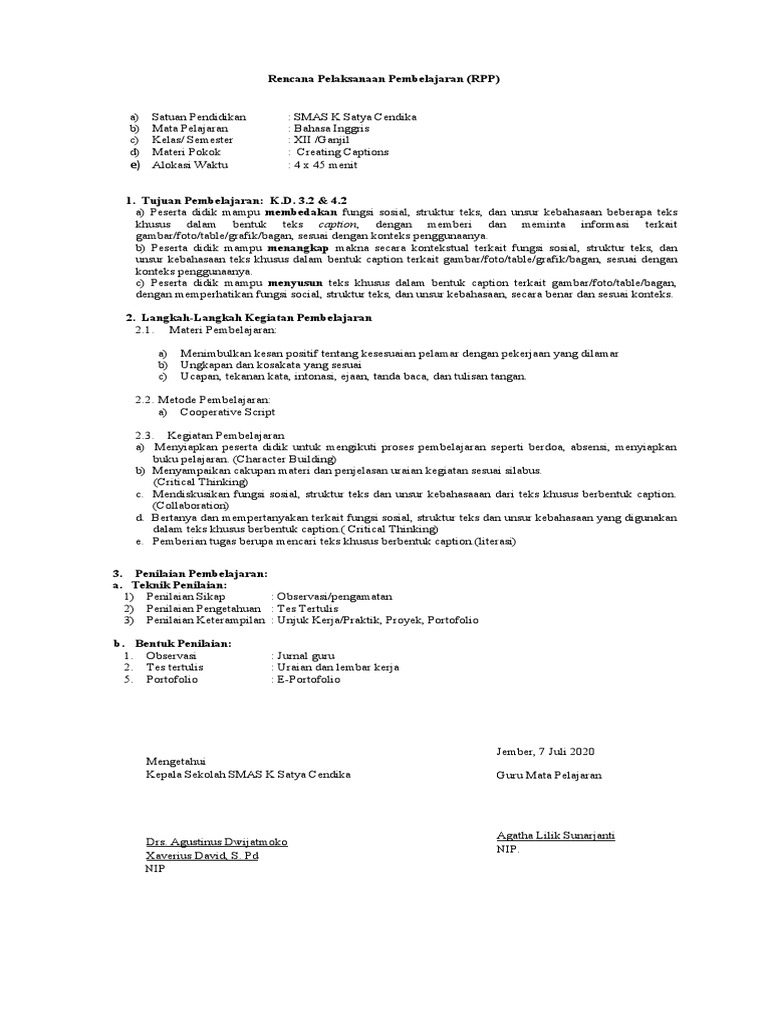 RPP Pembelajaran Teks Caption Bahasa Inggris | PDF