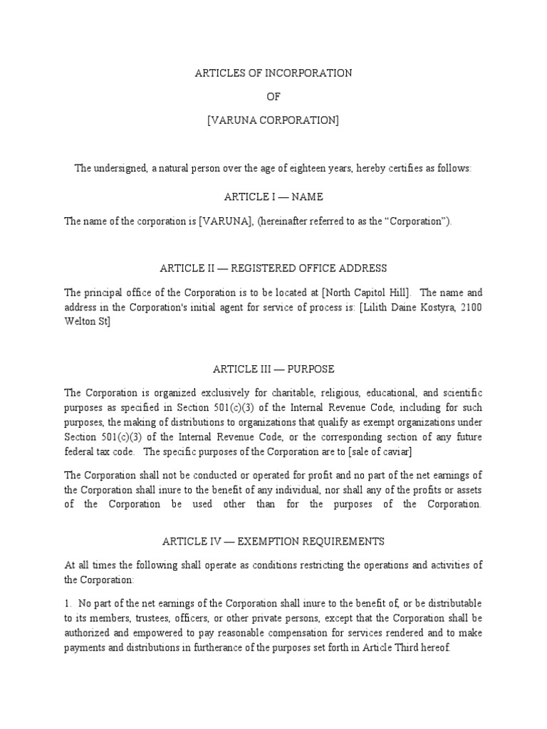 Articles of Incorporation Template | Download Free PDF | 501(C ...