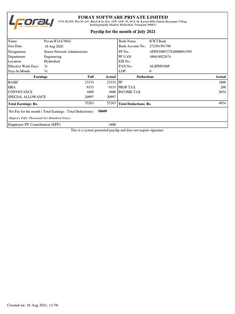 Foray Software Pvt Ltd July Payslip | PDF