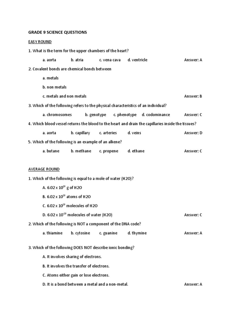 Grade 9 SCIENCE QUESTIONS | PDF | Ion | Chemical Bond