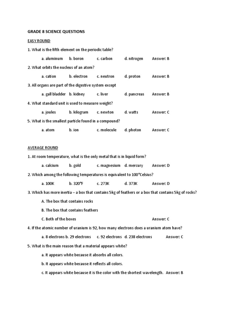 Grade 8 SCIENCE QUESTIONS | PDF | Acceleration | Atoms