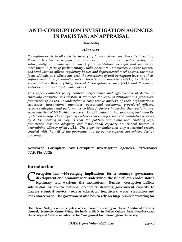 Anti-Corruption Investigation Agencies in Pakistan: An Appraisal | PDF ...