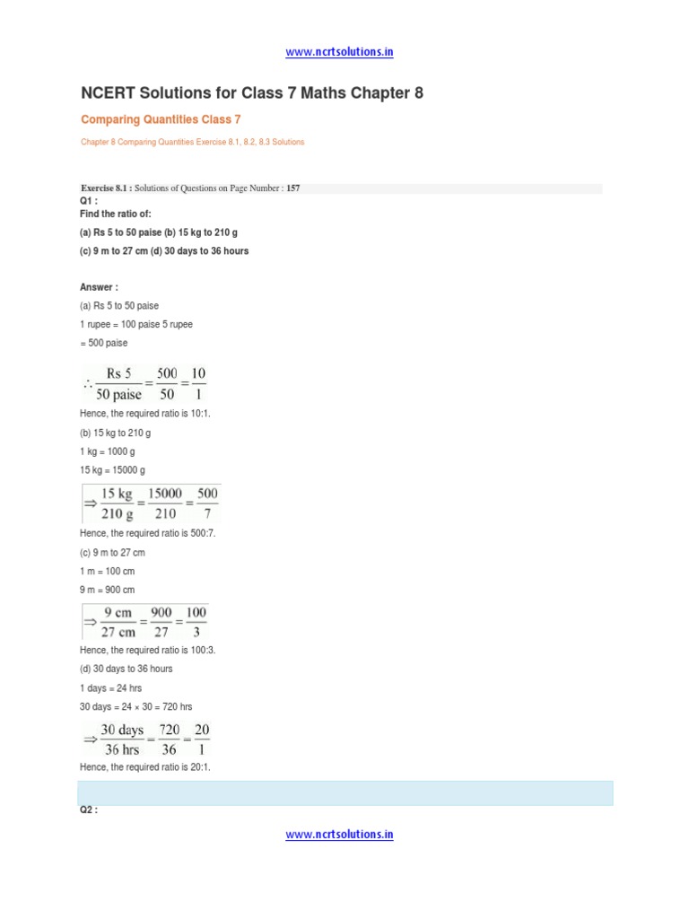 NCERT Solutions For Class 7 Maths Chapter 8 | PDF | Percentage | Prices