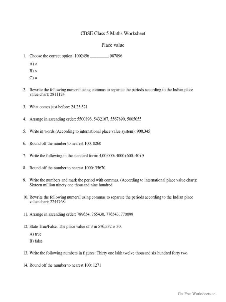 Class 5 Place Value Worksheet PDF | PDF | Notation | Mathematics