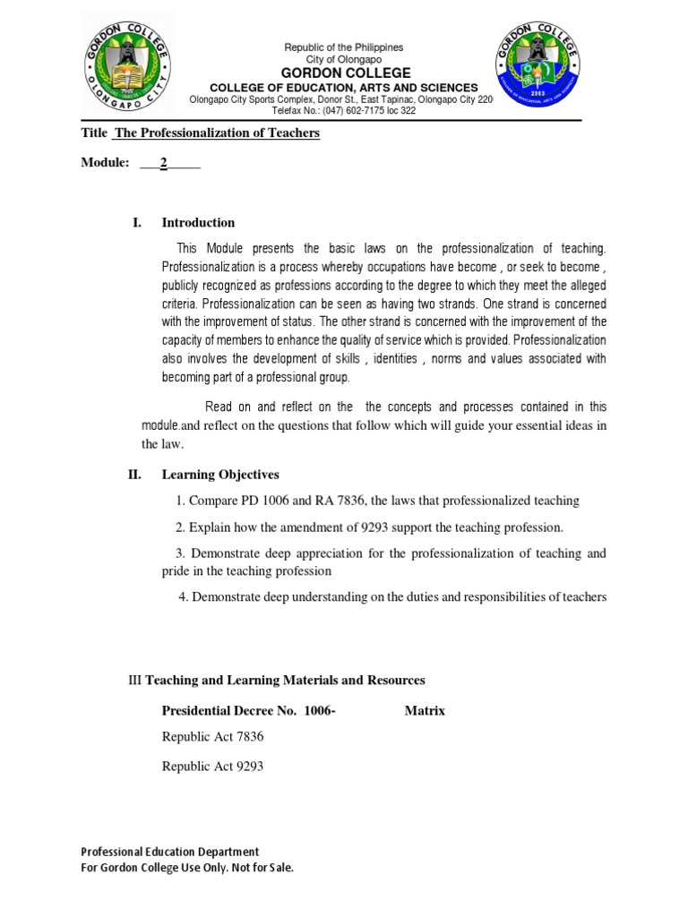 Module 2 The Professionalization of Teaching | PDF | Teachers | Profession