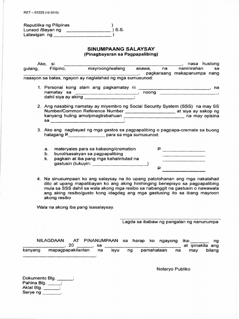 Sinumpaang - Salaysay - Pinagbayaran - Sa - Pagpapalibing - Ret01225 | PDF