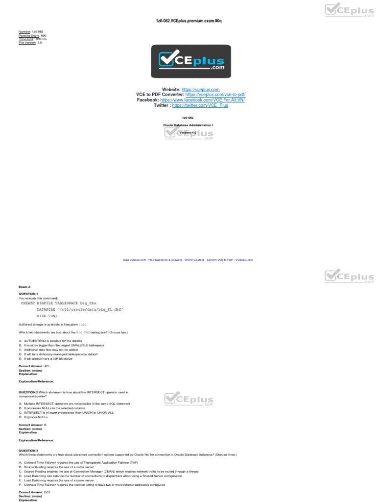 Website: Vce To PDF Converter: Facebook: Twitter:: 1Z0-082.Vceplus - Premium.Exam.90Q | PDF ...