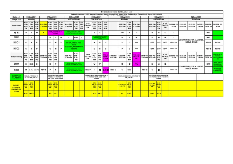 Foundation - Time Table - 2021-22 - 06 SEP - 12 SEP | PDF