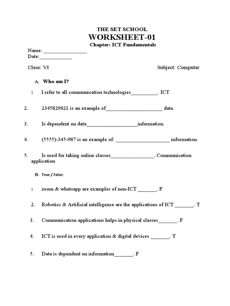 Worksheet-01: Chapter: ICT Fundamentals | Download Free PDF ...