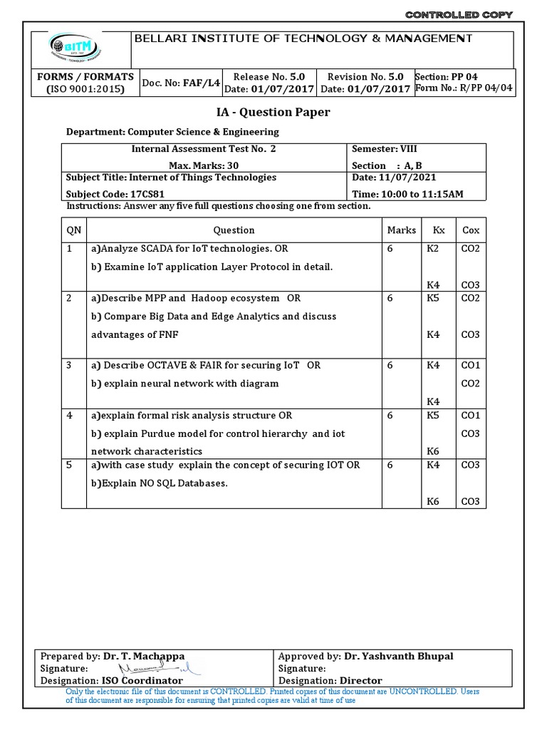 IA - Question Paper: Bellari Institute of Technology & Management ...