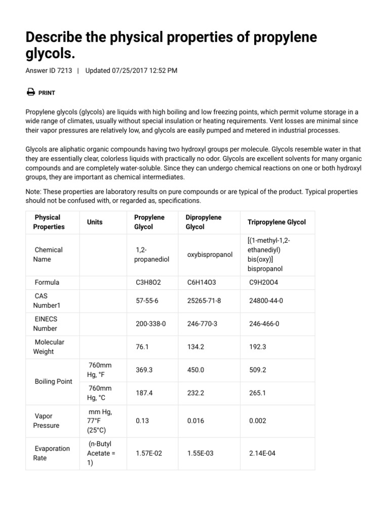 Describe The Physical Properties of Propylene Glycols.: Print ...