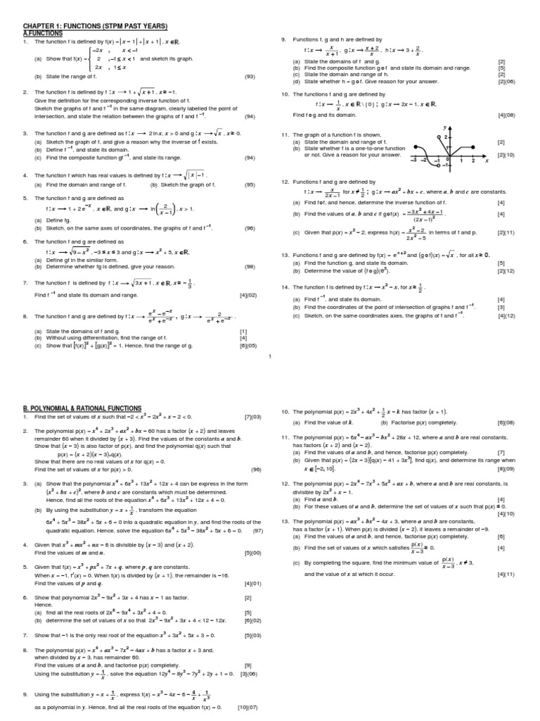 STPM Maths T Sem 1 Chapter 1 Past Year Questions | PDF | Factorization | Function (Mathematics)