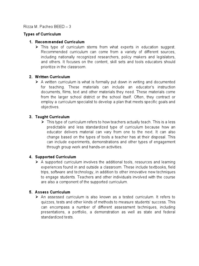 Types of Curriculum 1. Recommended Curriculum | PDF | Curriculum | Teachers