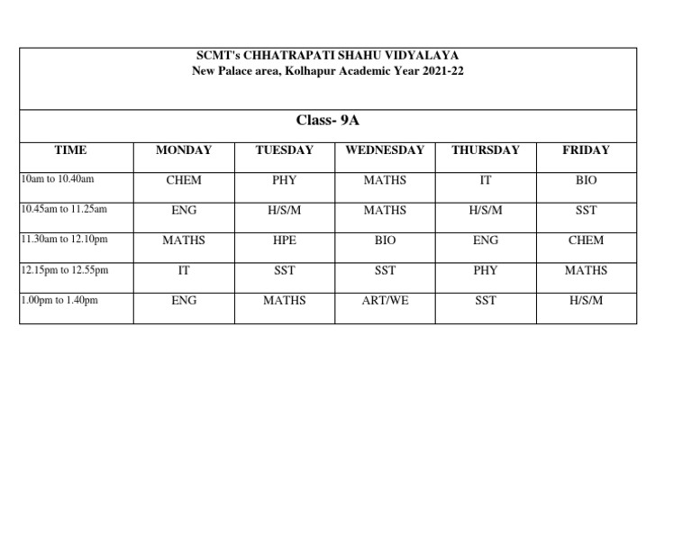 9A Time-Table 2021-22 | PDF