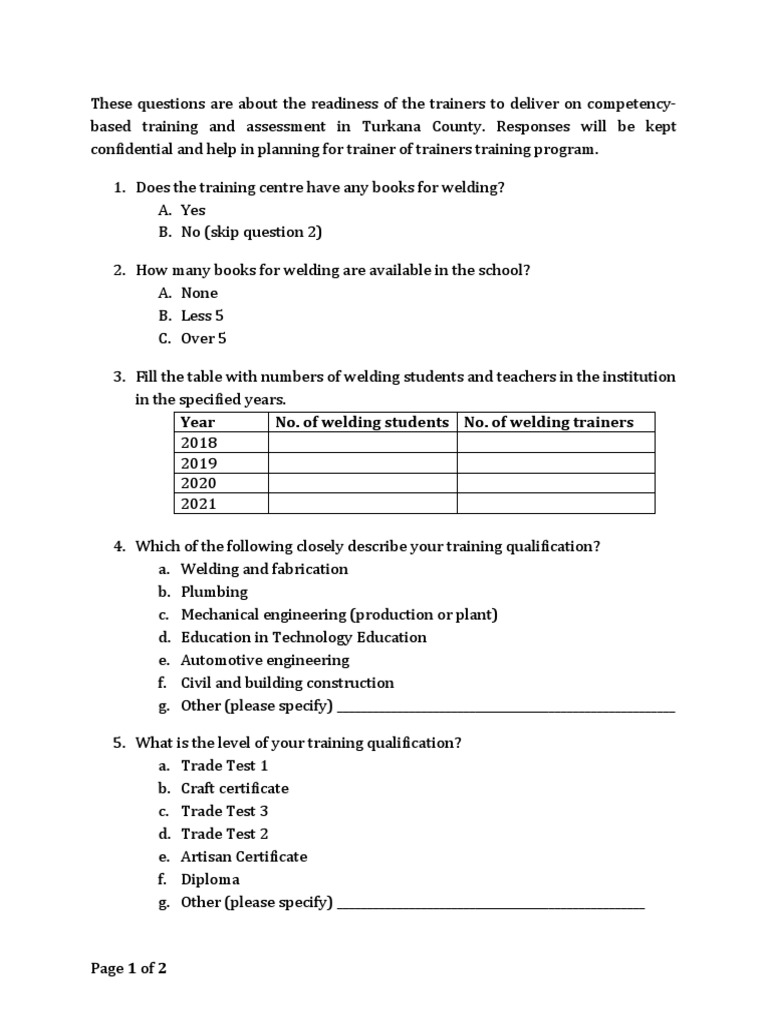 Trainer Upskilling Assessment Questionnaire | PDF