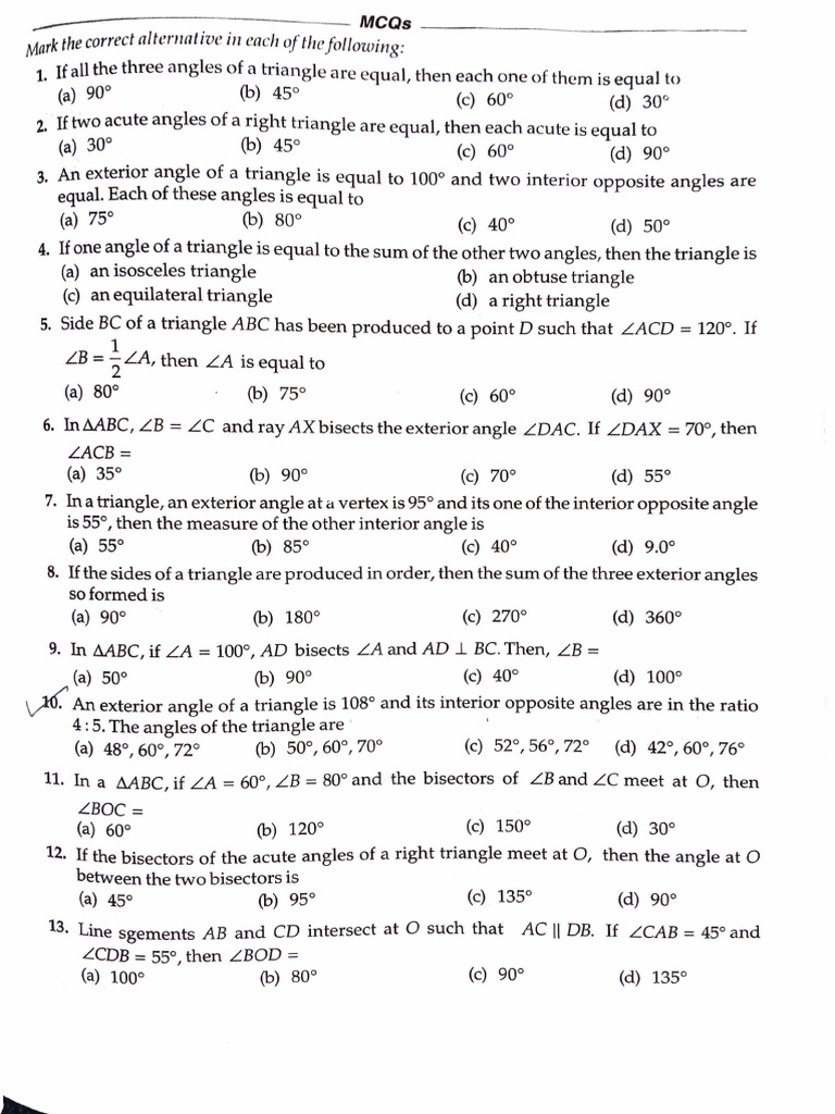 MCQs Triangle Angle Problems | PDF | Triangle | Geometric Shapes