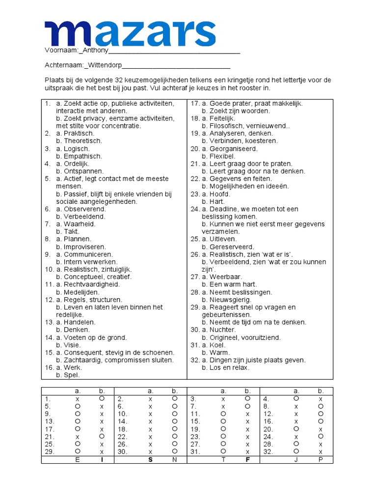 Action Type (MBTI) Vragenlijst | PDF