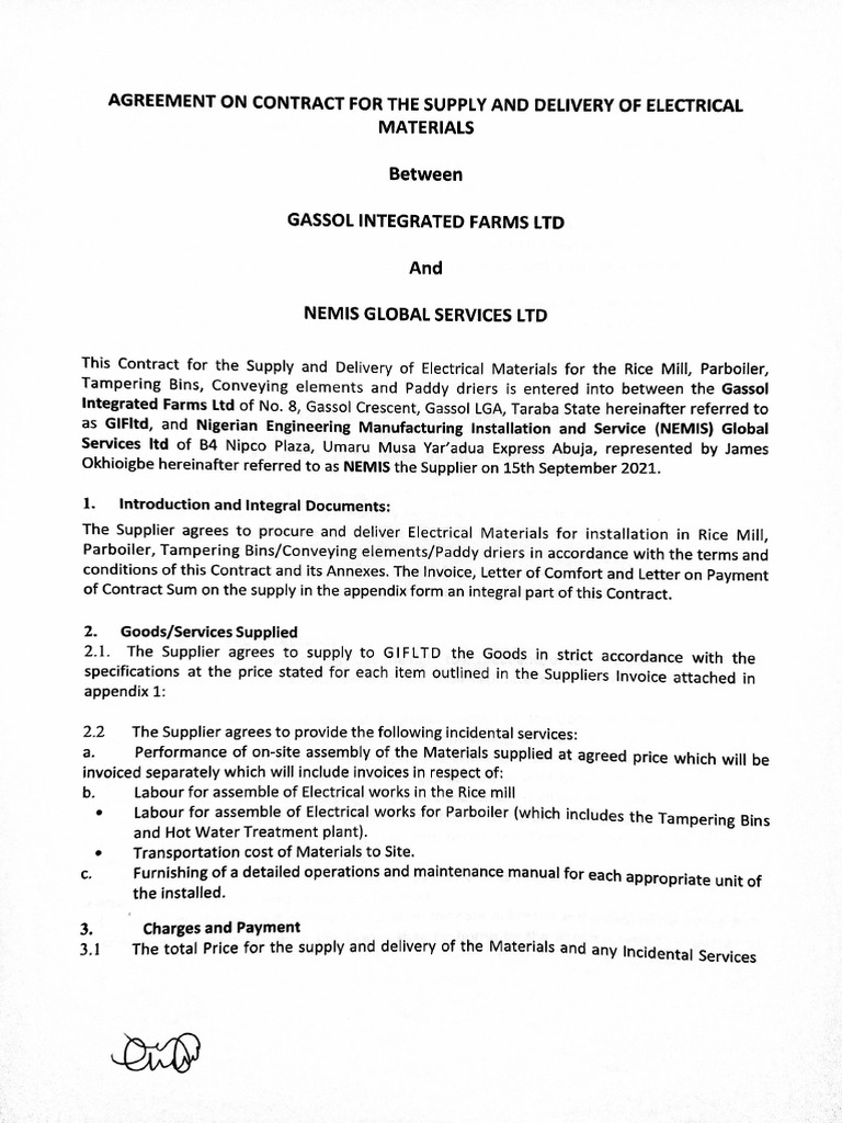 Agreement For Supply of Electrical Materials - 15-Sep-2021 - Final | PDF