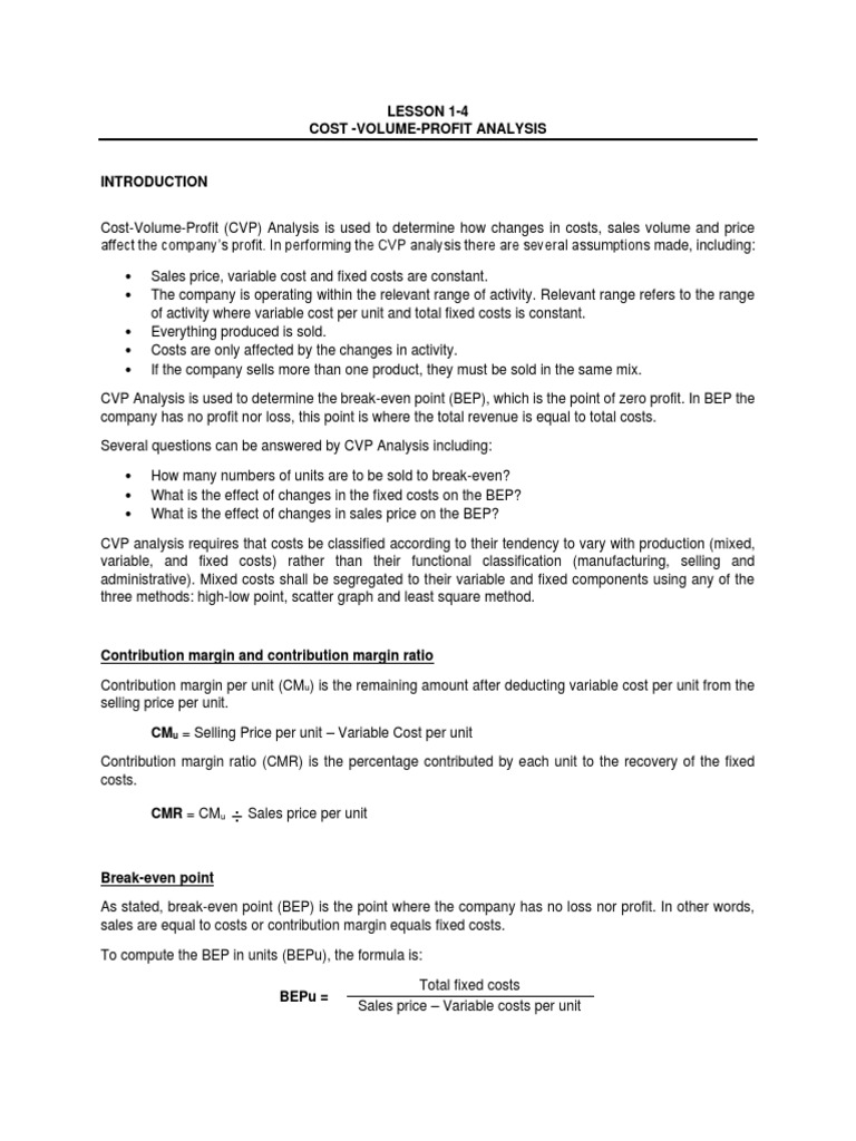 Lesson 1-4 Cost - Volume-Profit Analysis | PDF | Business | Marketing