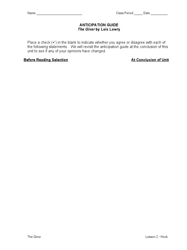 Anticipation Guide: The Giver by Lois Lowry | Download Free PDF | The Giver