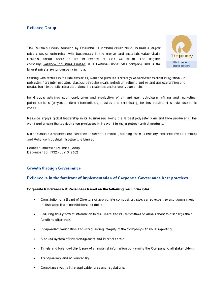 Reliance Group: Corporate Governance at Reliance Is Based On The ...