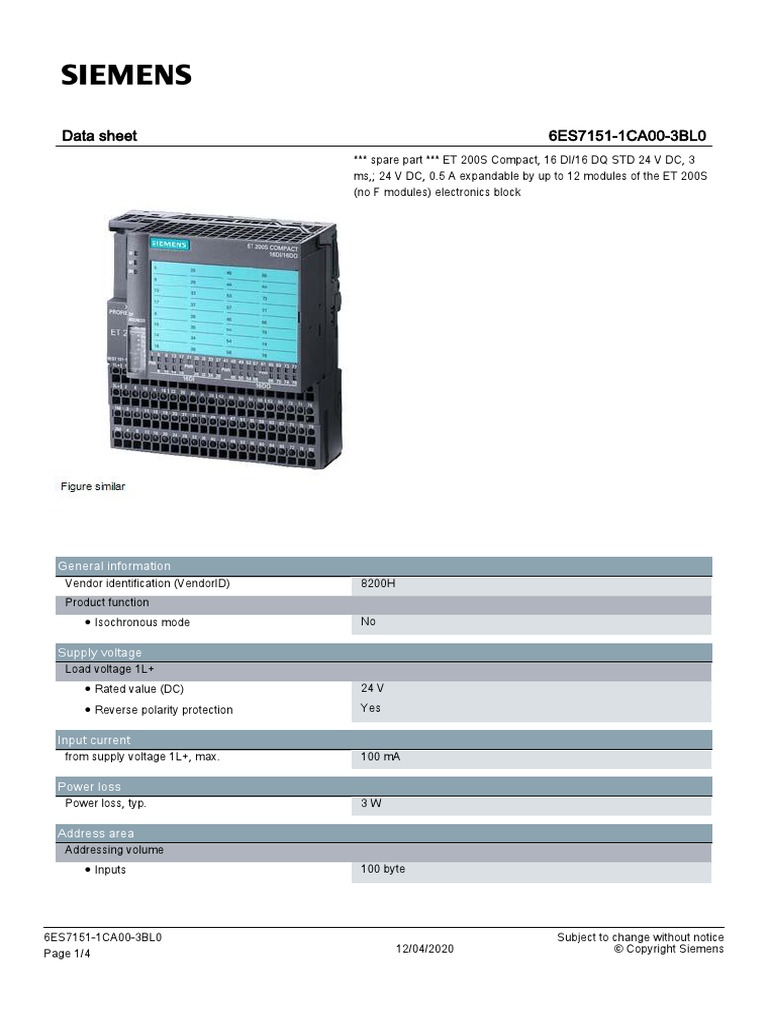 Siemens Interface Module 6ES7151-1CA00-3BL0 | PDF | Electrical ...