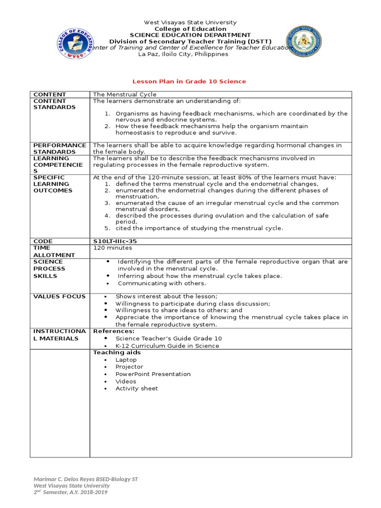 Grade 10 Lesson Plan: Menstrual Cycle | PDF | Menstrual Cycle ...