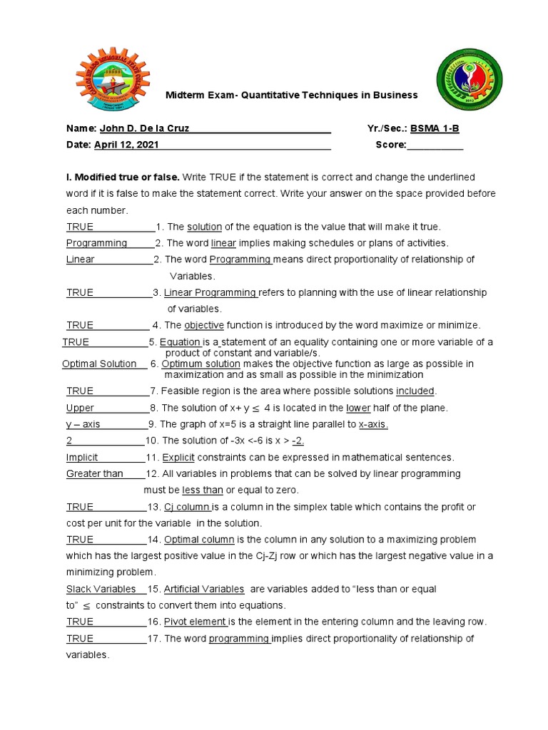 De La Cruz John D. BSMA 1 B MGTSCI MIDTERM EXAM | PDF | Linear Programming | Mathematical ...