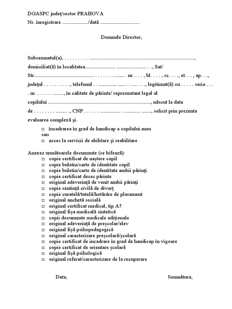 Cerere Tip de Evaluare in Vederea Incadrarii in Grad de Handicap | PDF