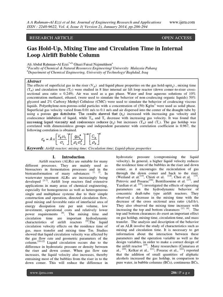 Gas Hold-Up, Mixing Time and Circulation Time in Internal | PDF | Gases ...