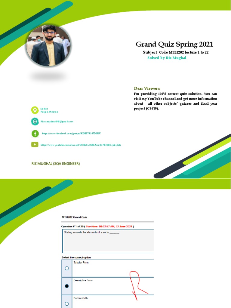 MTH202 Grand Quiz Solutions by Riz Mughal | PDF