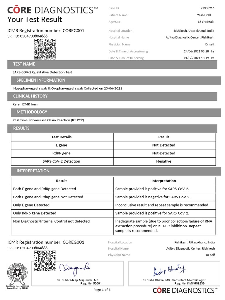 COVID-19 Test Result: Yash Drall | PDF | Infection | Virus