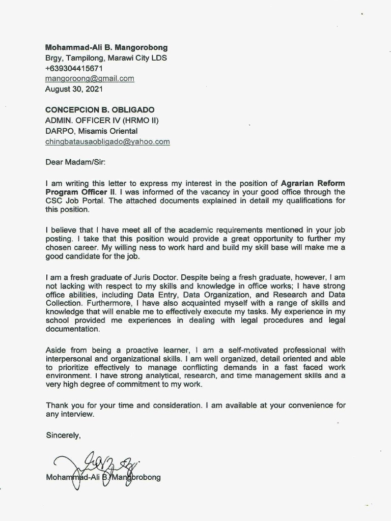 Application Letter - Agrarian Reform Program Officer II | PDF
