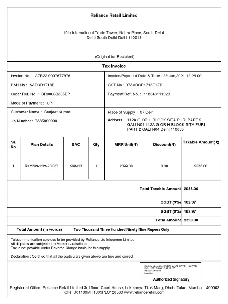 Reliance Retail Limited: Sr. No. Plan Details SAC Qty MRP/Unit Discount ...