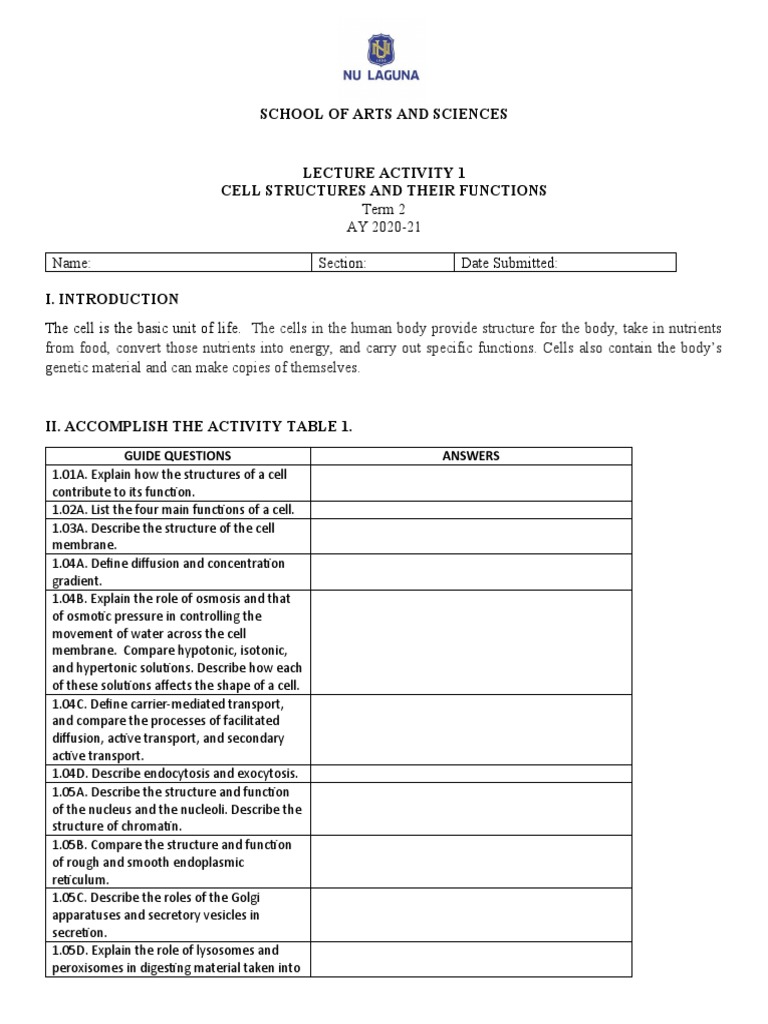 Lec Activity 1-Cell Structures and Functions | PDF | Cell (Biology ...